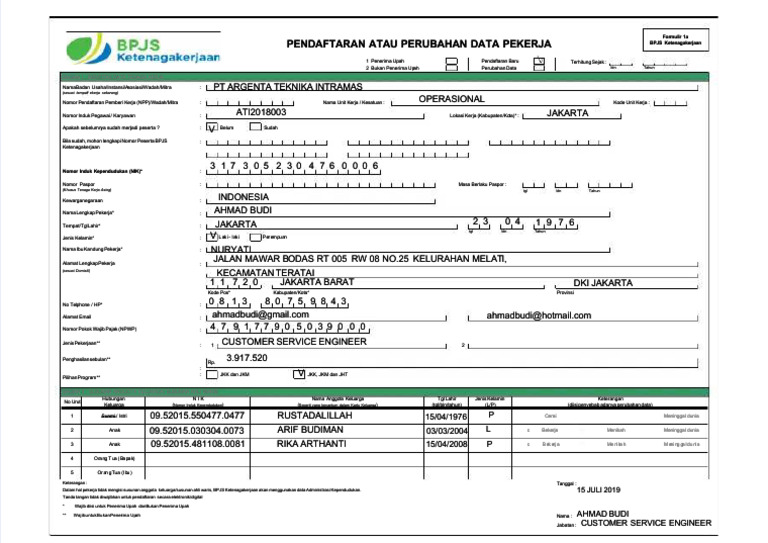 03b Contoh f1a Pendaftaran Atau Perubahan Data Pekerja | PDF