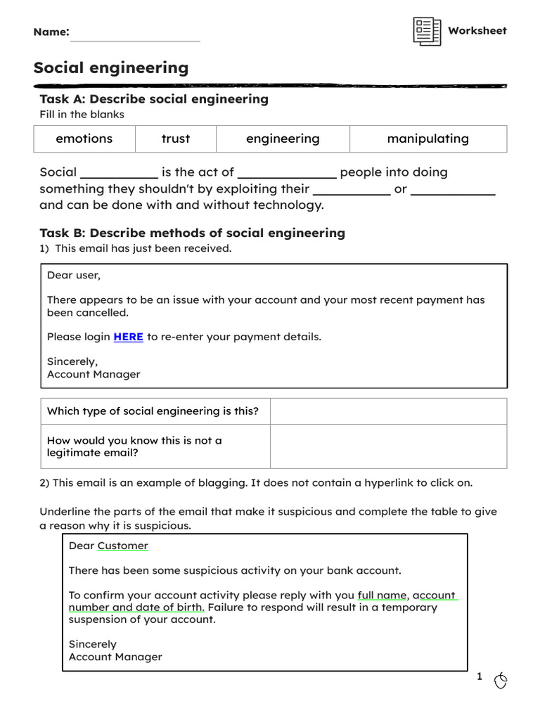 Social Engineering Worksheet 2 | PDF | Social Engineering (Security) | Phishing