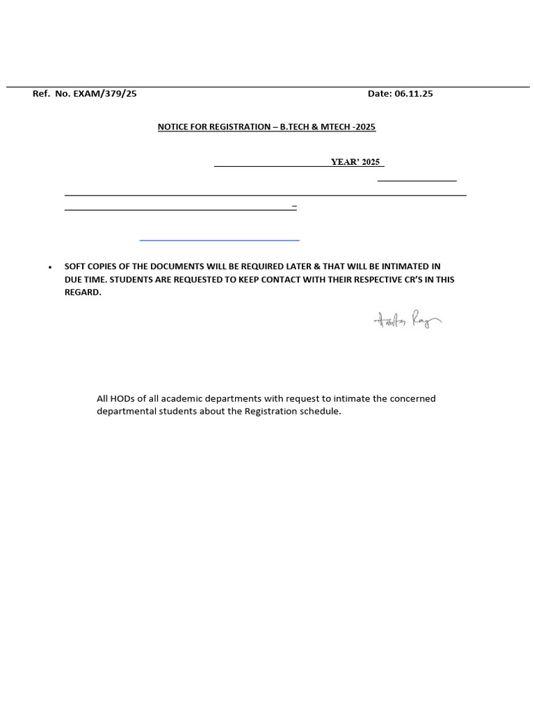 B.Tech & M.Tech Registration Notice 2025 | PDF