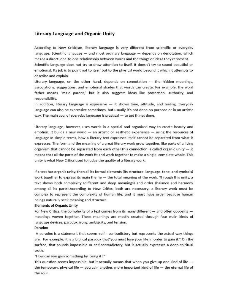 Understanding Literary Language and Unity | PDF | Paradox | Irony