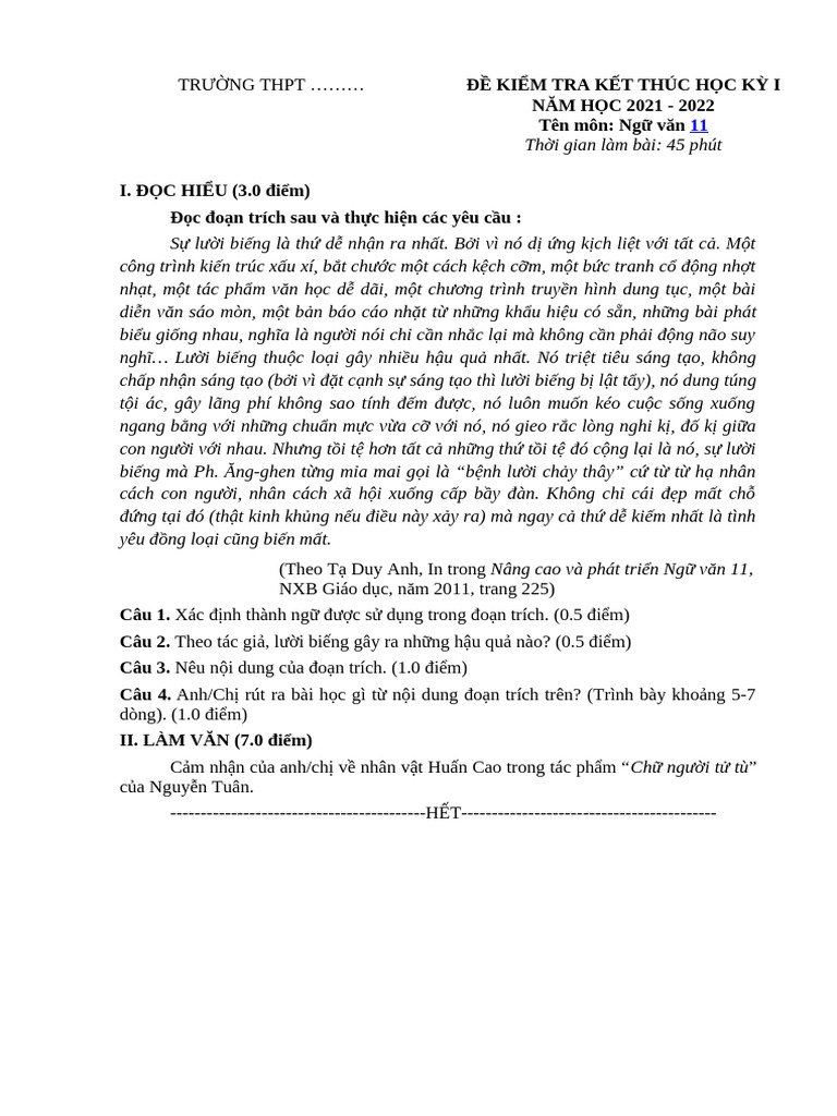 De Thi Hk1 Ngu Van 11 de 5 | PDF