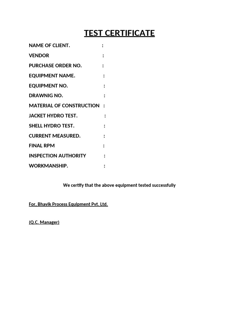 Equipment Test Certificate Template | PDF