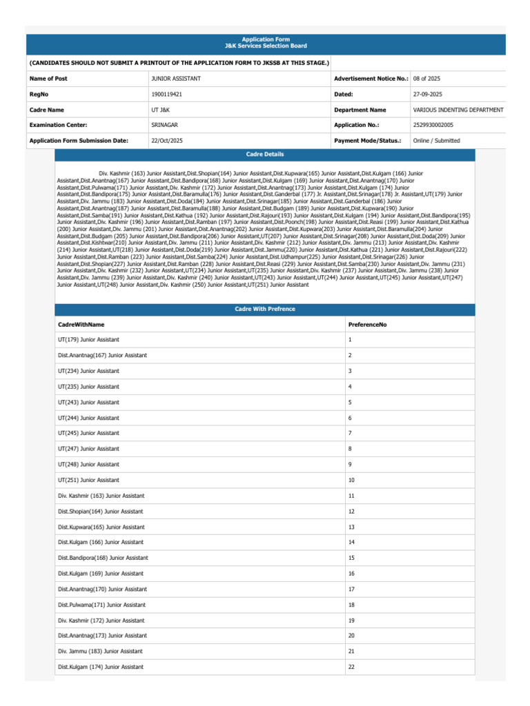 J&K Junior Assistant Application Form | PDF