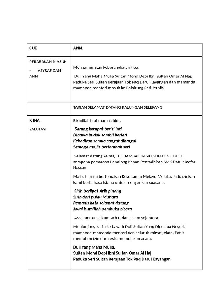 contoh skrip pengacara kesultanan melayu | PDF