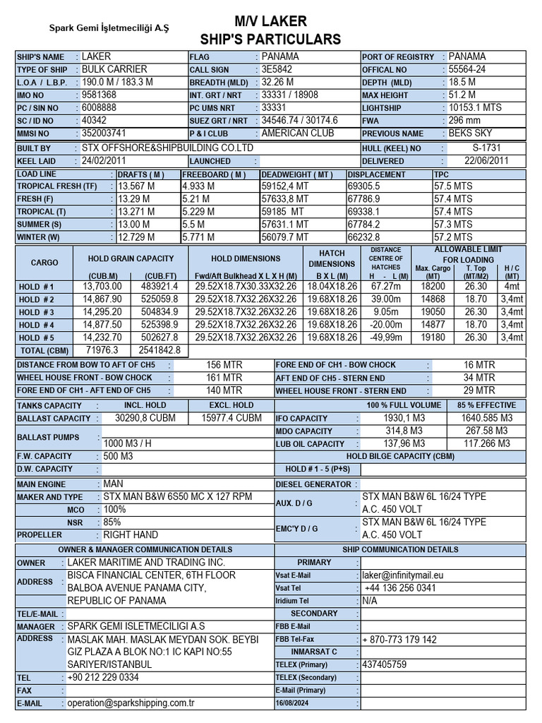 Laker Ship's Particulars | PDF | Ships | Shipbuilding