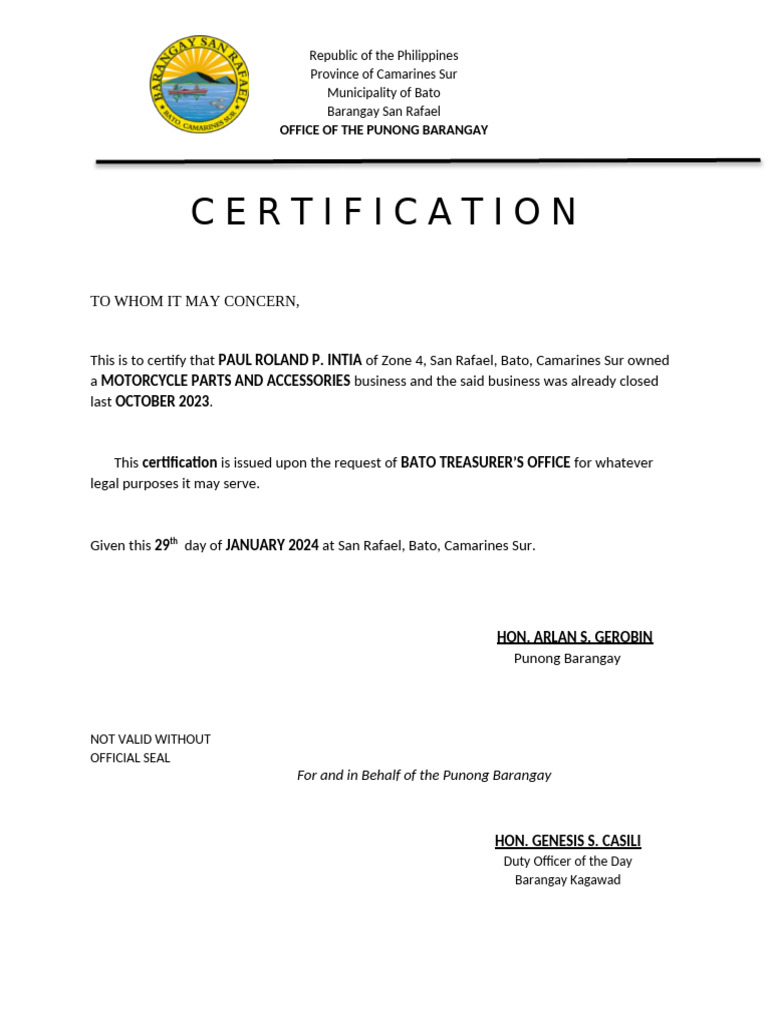 Business Closure Certification for Paul Intia | PDF