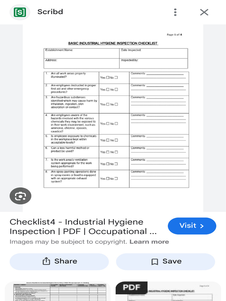 Industrial Hygiene Inspection Checklist | PDF | Occupational Hygiene ...