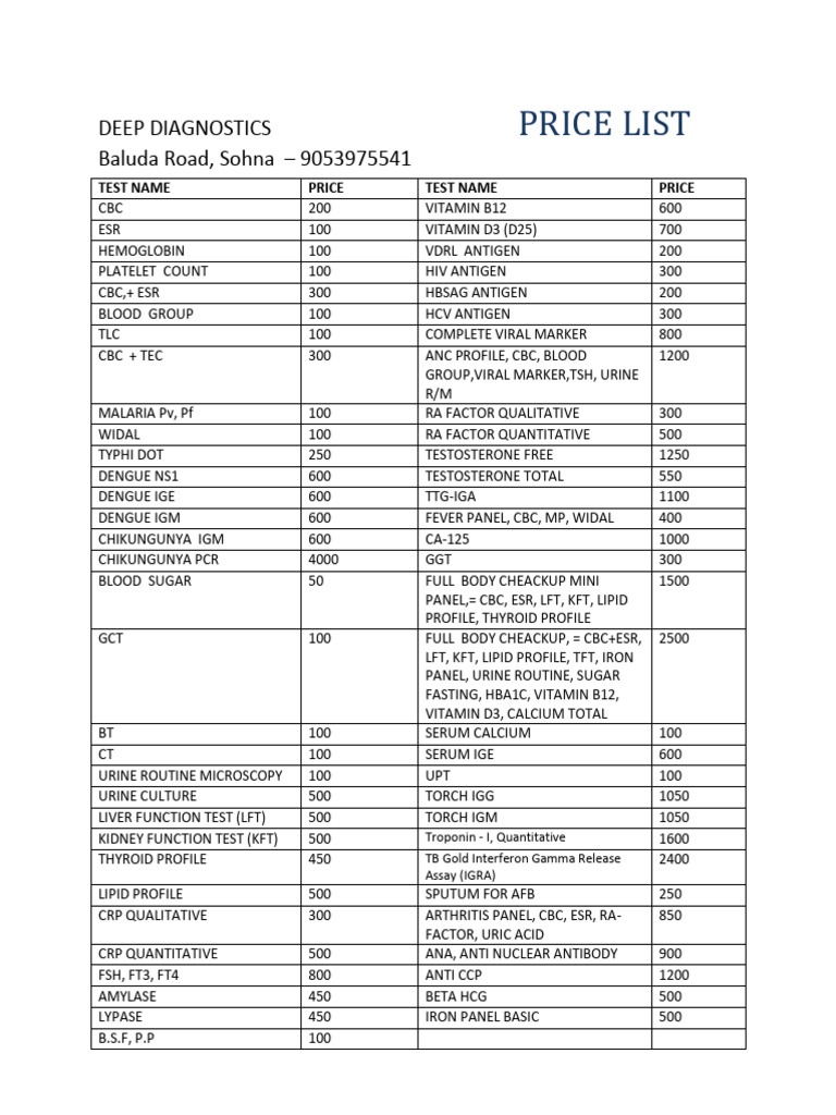 Deep Diagnostics Price List | PDF | Medical Specialties | Medical Tests