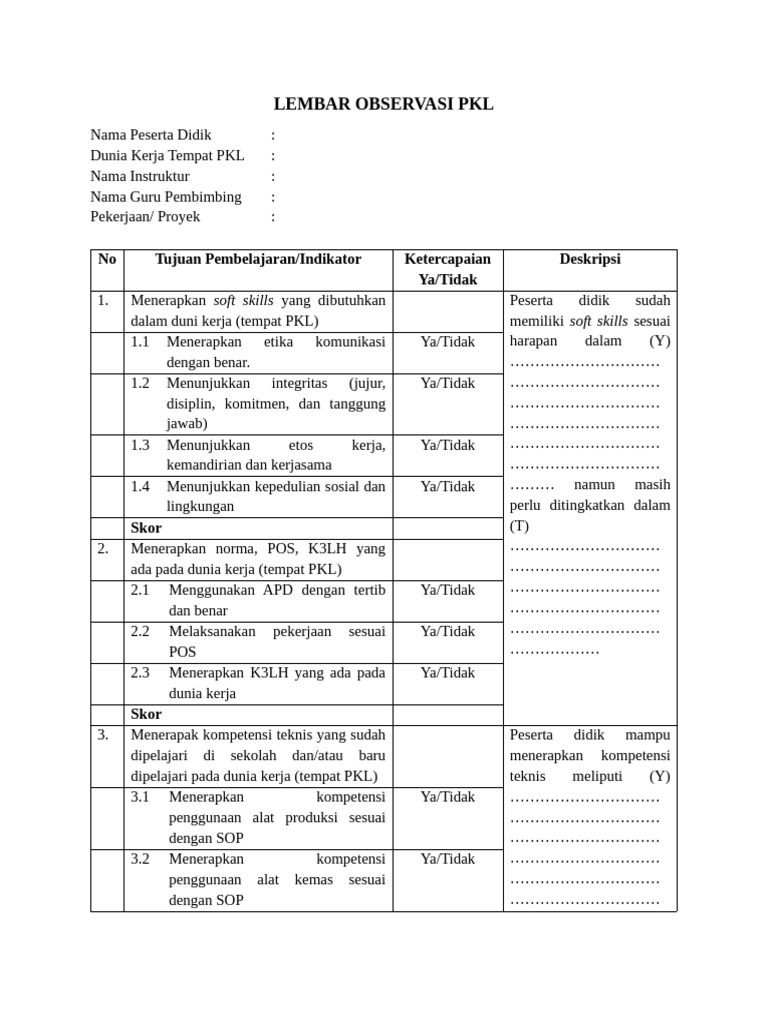 Lembar Observasi Dan Nilai Pkl-1 | PDF