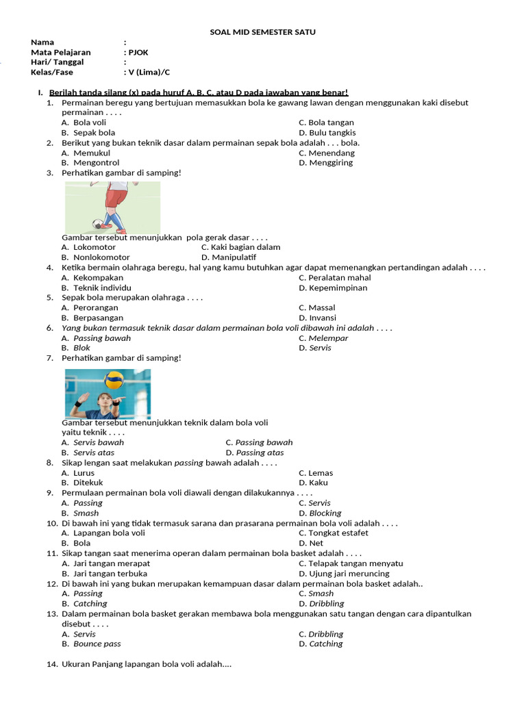 Soal Mid Sem 1 PJOK Kelas 5 Kurikulum Merdeka | PDF