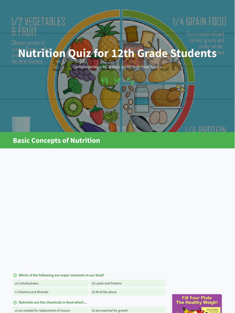 12th Grade Nutrition Quiz MCQs | PDF | Foods | Nutrition