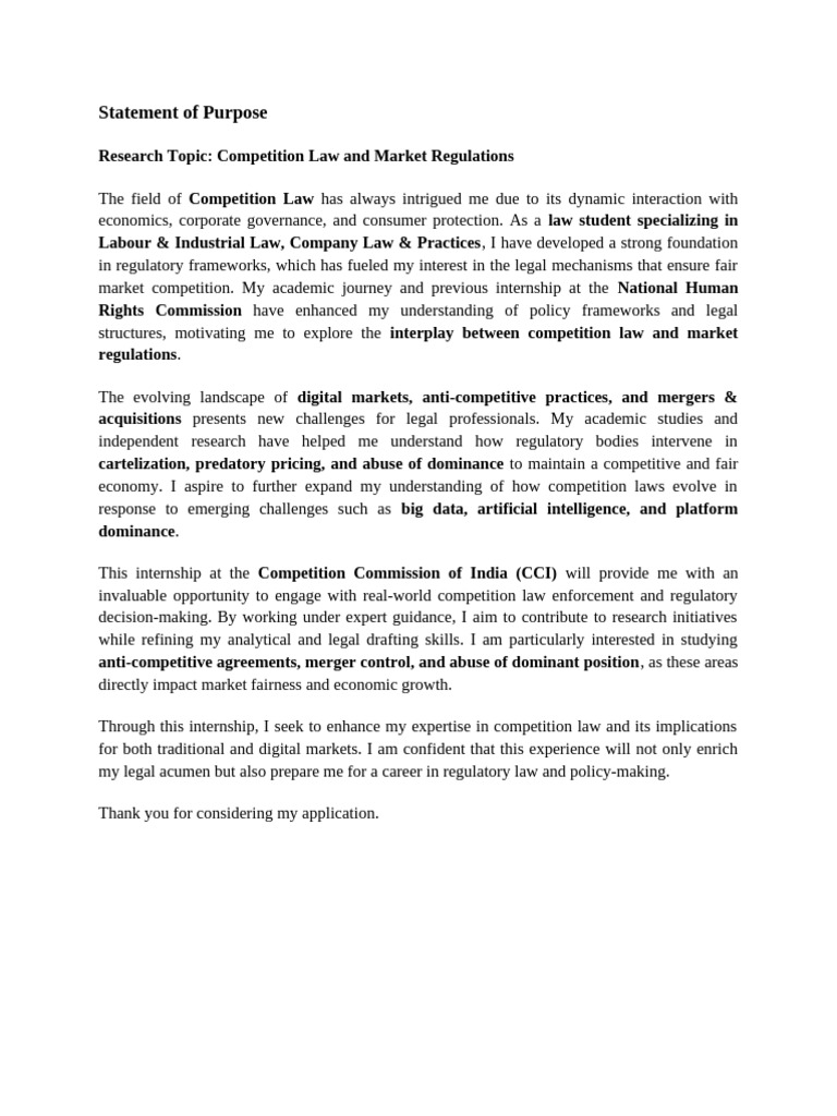 Competition Law Internship Statement | PDF