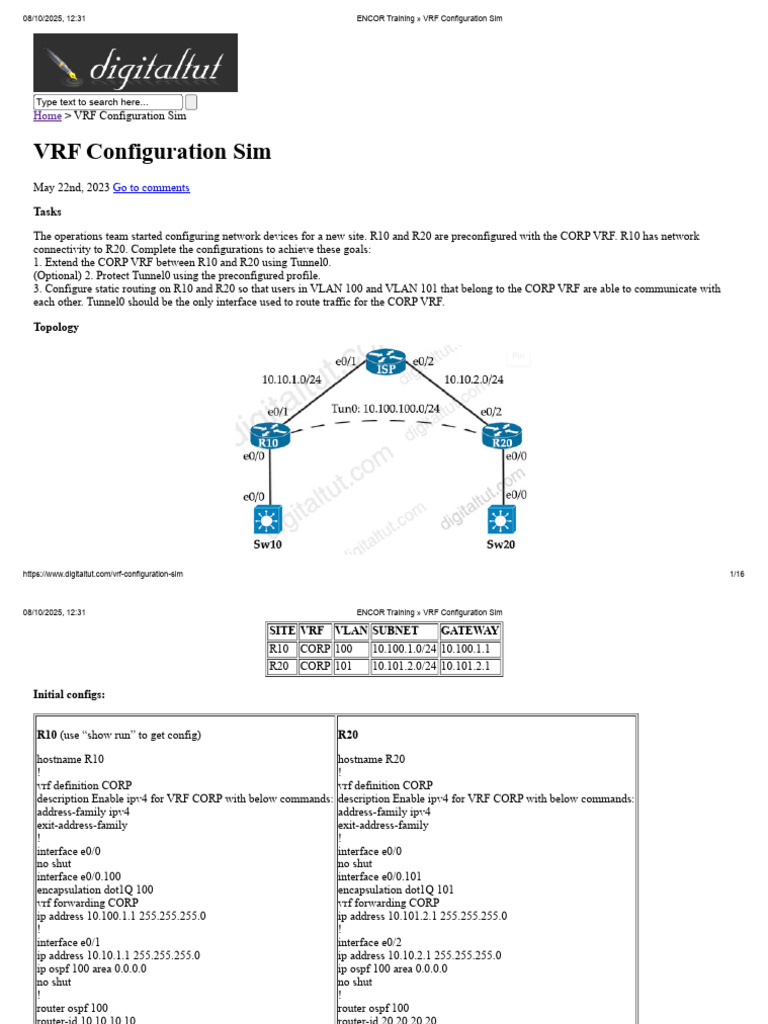 ENCOR Training VRF Configuration Sim | PDF | Ip Address | Router (Computing)