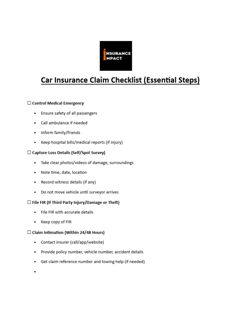 Car Insurance Claim Checklist - Insurance Impact | PDF