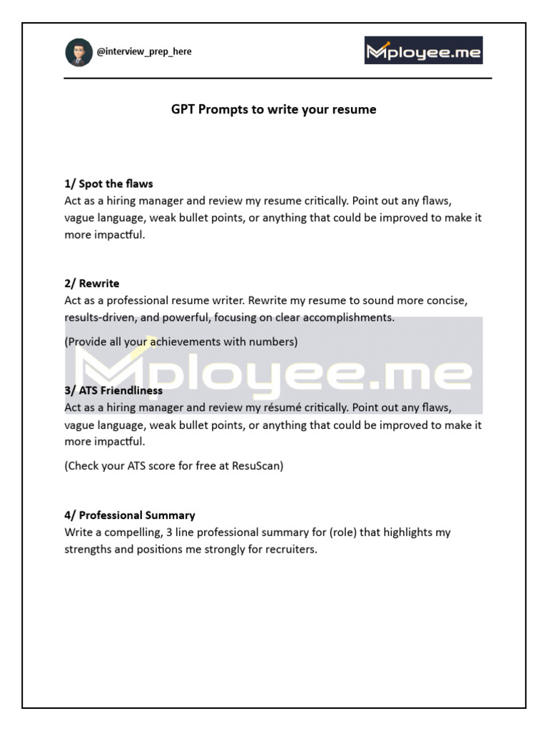GPT Prompts to Write a Resume | PDF