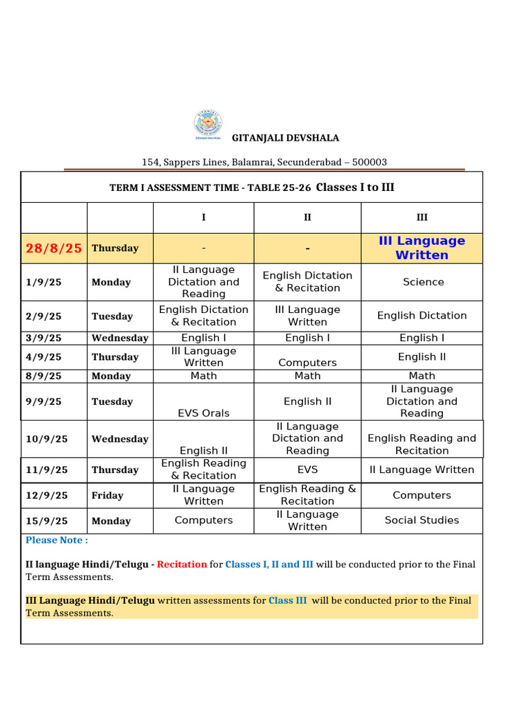 Term I - Assessment I, II, III Time-Table 2025-26 | PDF