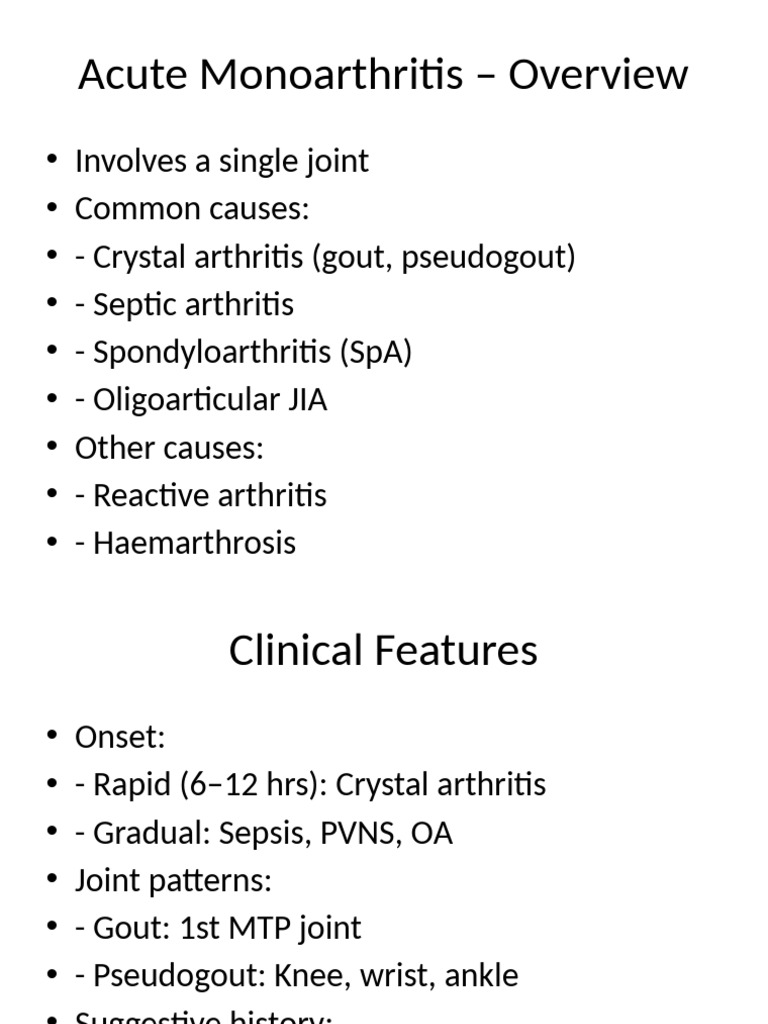 Acute Monoarthritis Causes & Management | PDF