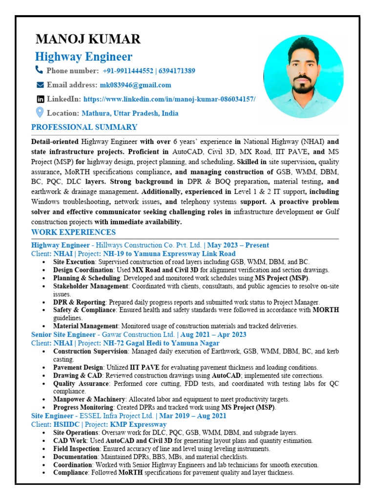 Highway Engineer Resume - Manoj Kumar | PDF