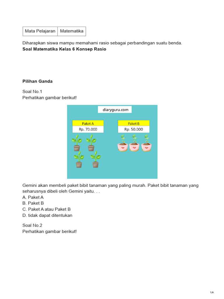 Soal Matematika Kelas 6 Konsep Rasio (Kurikulum Merdeka) | PDF