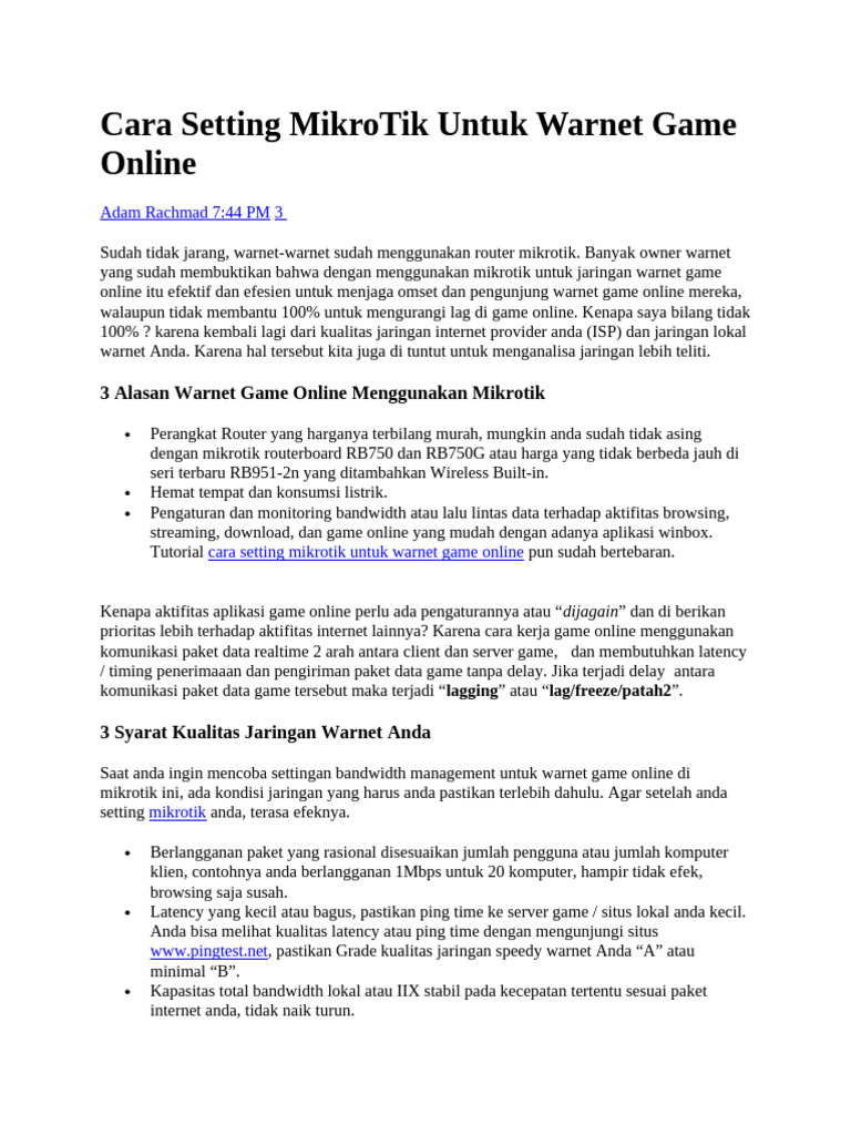 Cara Setting MikroTik Untuk Warnet Game Online | PDF
