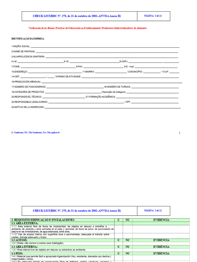 Lista de Verificación RDC 275 | PDF | Agua | Lavabo
