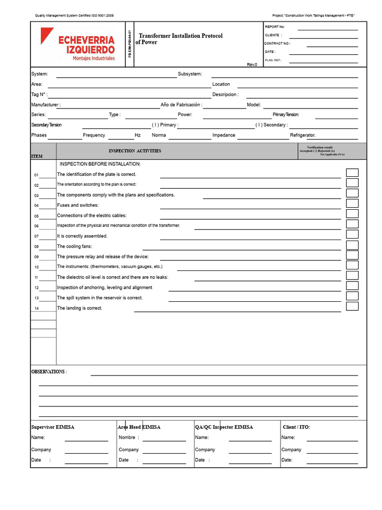 Transformer Installation Protocol | PDF | Transformer | Electrical Engineering