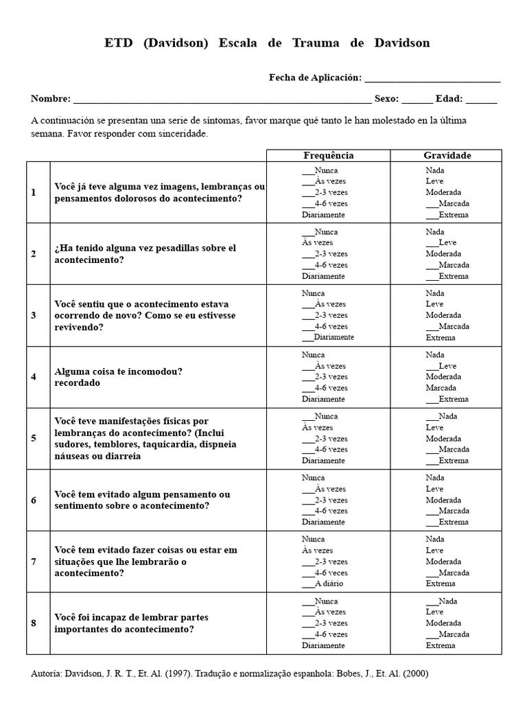 Escala de Trauma de Davidson | PDF | Trauma psicológico | Doenças e ...