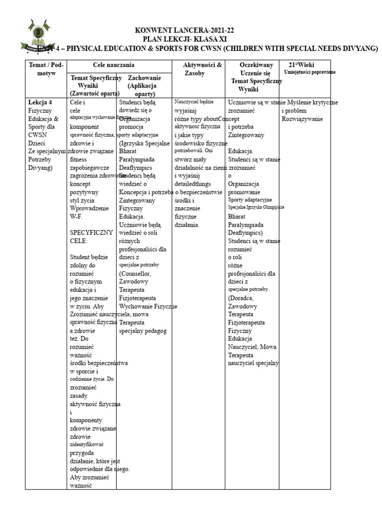Plan lekcji Klasa XI (Rozdział 4 - WYCHOWANIE FIZYCZNE I SPORT DLA CWSN (DZIECI Z POTRZEBAMI ...