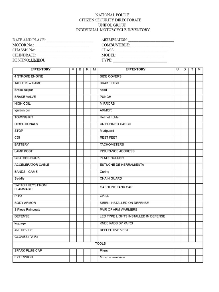 Motorcycle Inventory Checklist | PDF | Brake | Engines