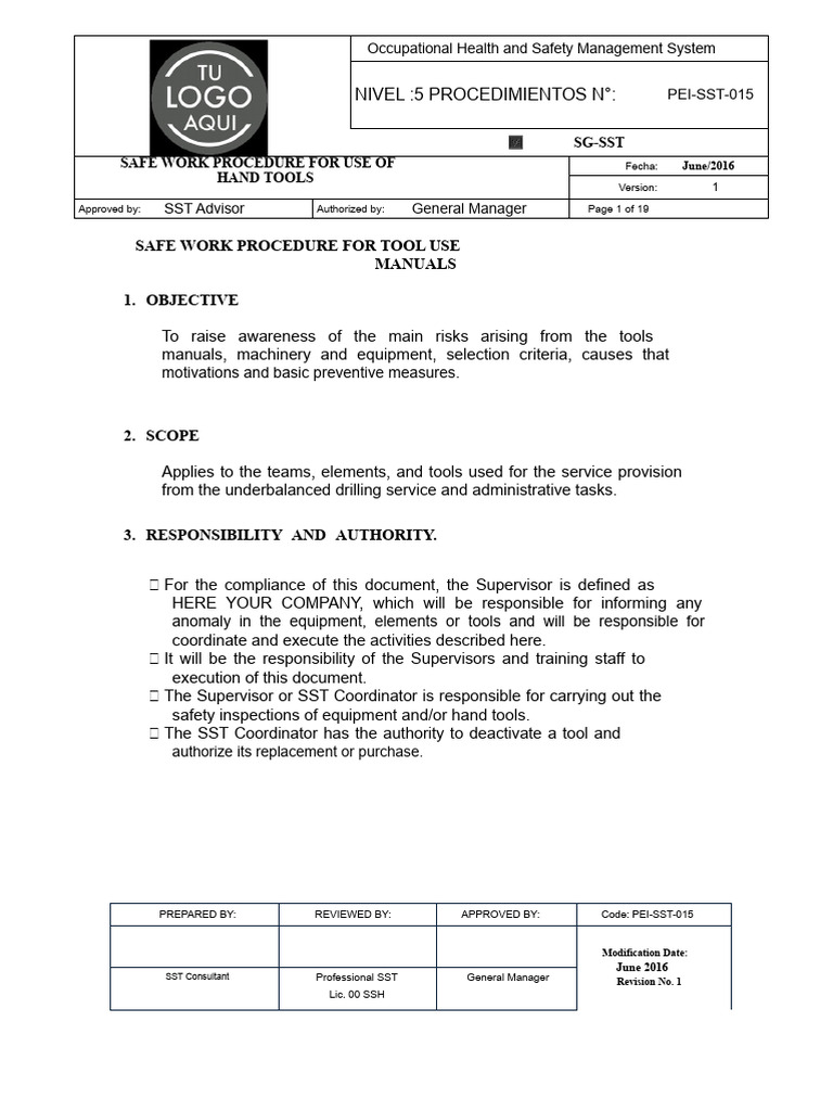 2 PEI-SST-015 Safe Work Procedure For The Use of Hand Tools. | PDF ...