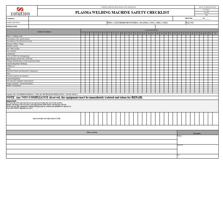 Plasma Welding Safety Checklist | PDF | Welding | Construction