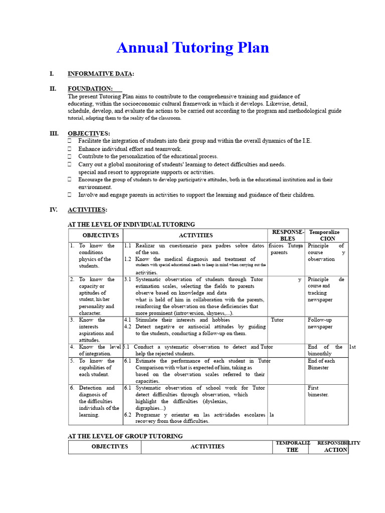 Annual Tutoring Plan Overview | PDF | Teachers | Psychological Concepts