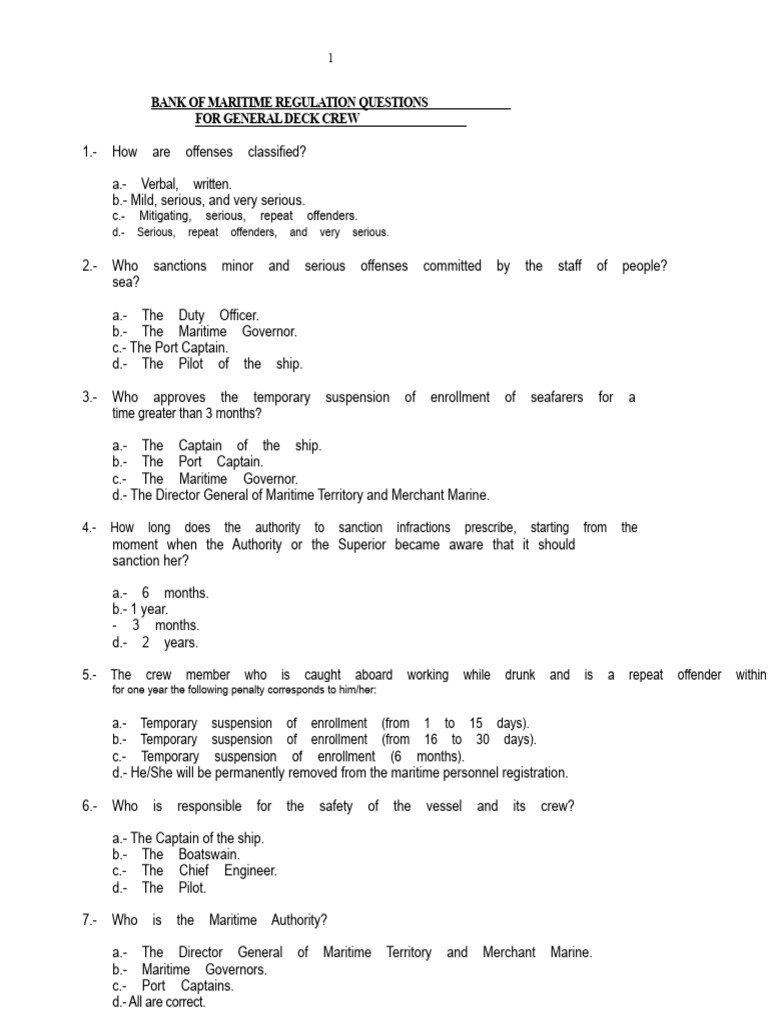 Maritime Regulation Questions for Deck Crew | PDF | Sea Captain | Ships