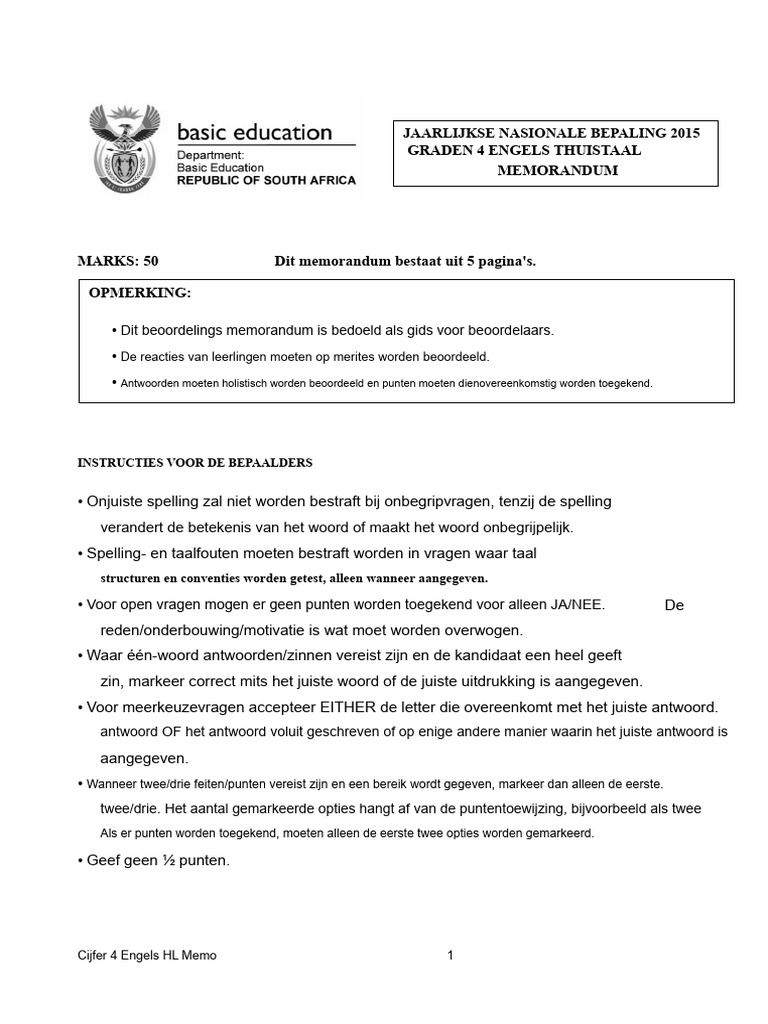 2015 Cijfer 4 Engels HL Toets Memo | PDF