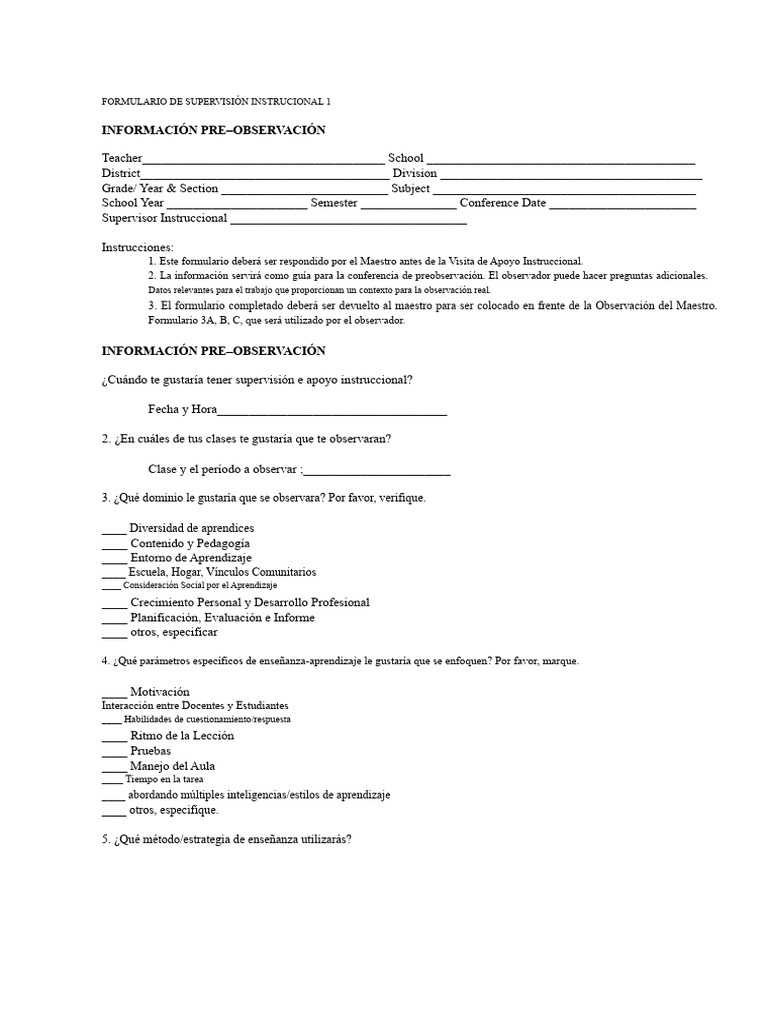 Formulario de Supervisión Instruccional 1 Pre Observación | PDF ...