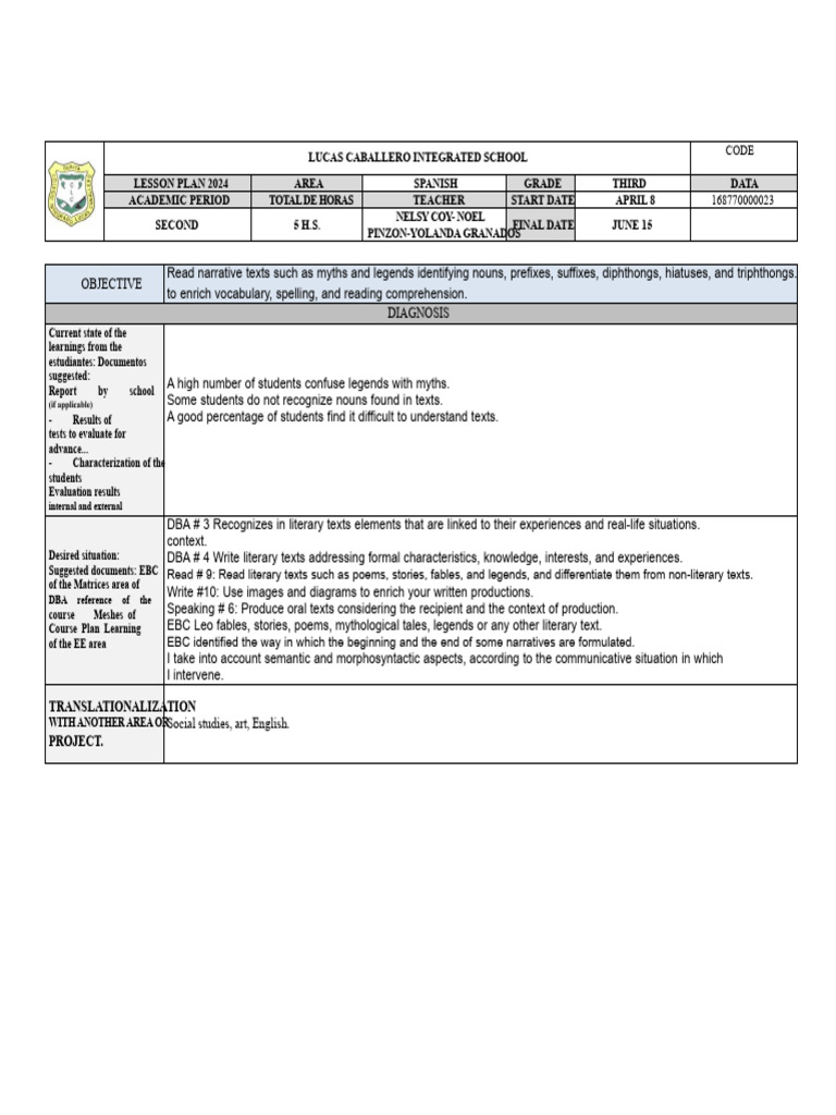 Lesson Plan Spanish Third Grade. 2nd Period 2024 | PDF | Legends ...