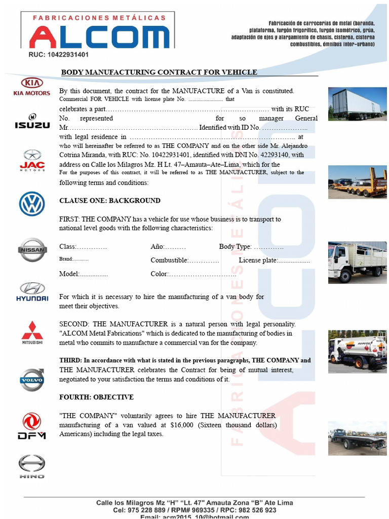 Vehicle Body Manufacturing Contract | PDF