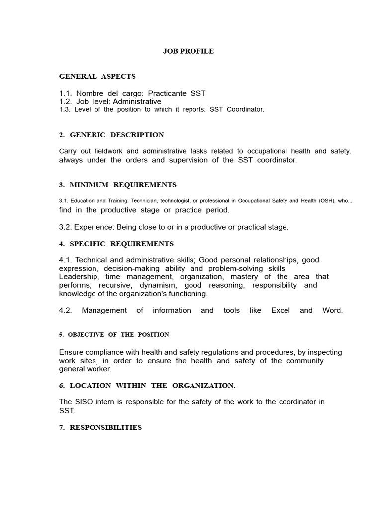 Practicante SST Job Profile Overview | PDF | Occupational Safety And ...