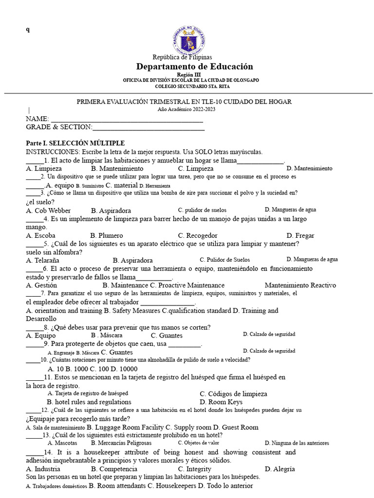 TLE10 para Examen Trimestral Con TOS y Clave de Respuestas | PDF ...