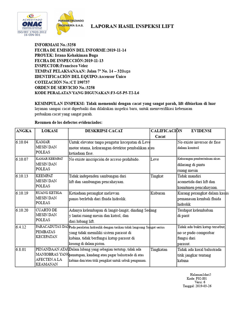 Ringkasan Inspeksi Lift | PDF