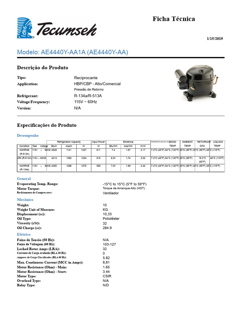 Compressor Tecumseh AE4440Y-AA1A | PDF | Physical Phenomena | Quantity
