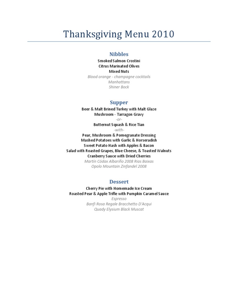 Thanksgiving Menu 2010 | PDF | Cooking, Food & Wine