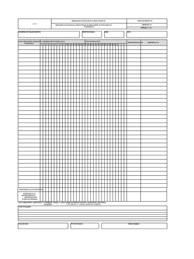 Rejestr Czystości I Dezynfekcji | PDF