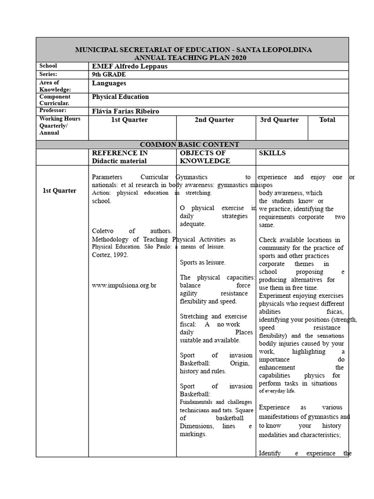 2020 Annual Teaching Plan: 9th Grade PE | PDF | Physical Education | Sports