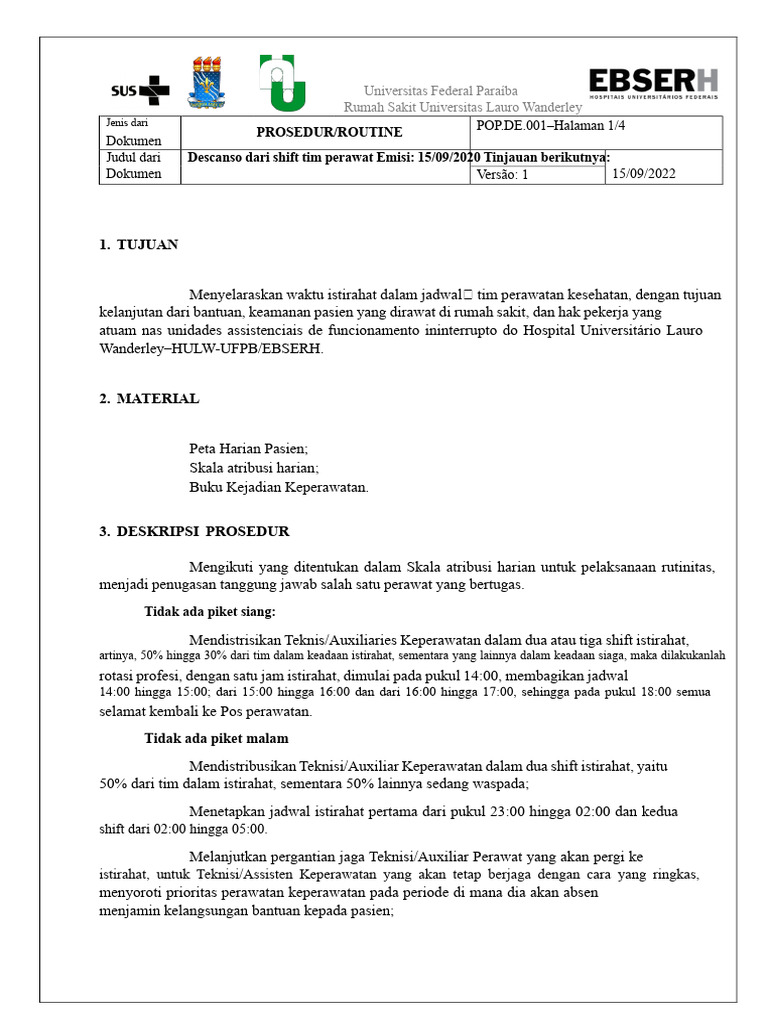 POP.DE.001 - Istirahat jaga tim perawat | PDF