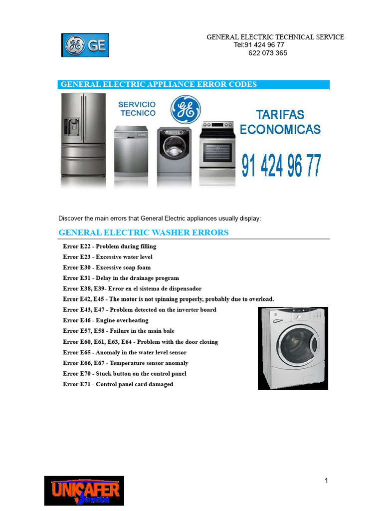 General Electric Appliance Error Codes | PDF | Washing Machine | Tools