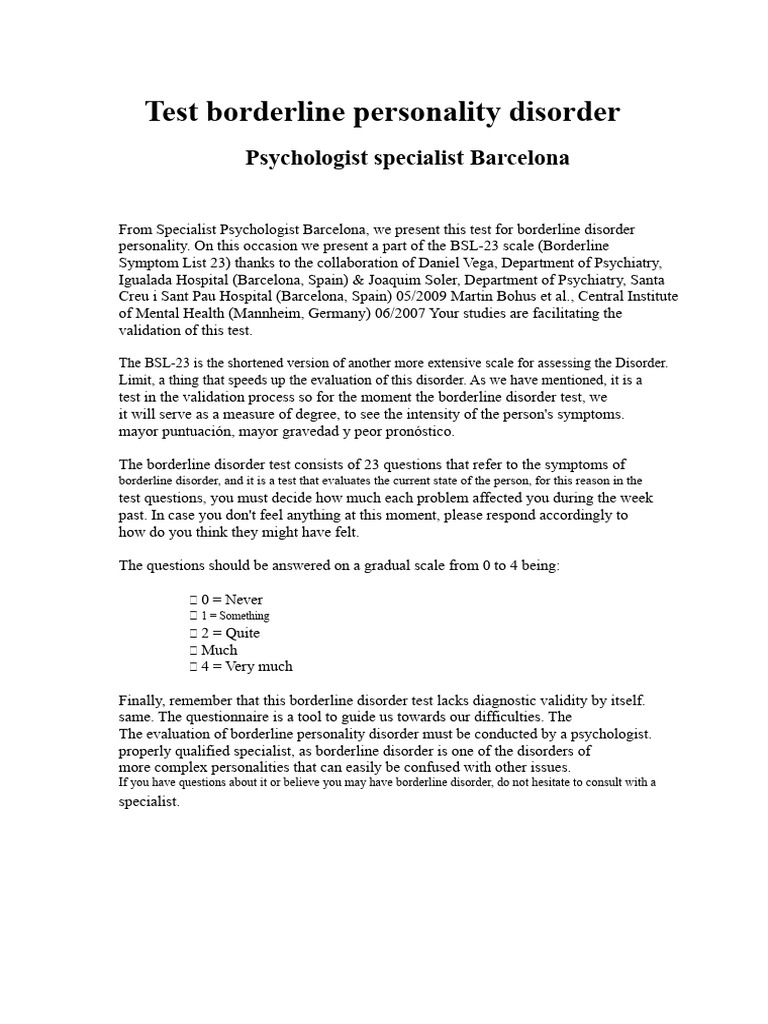 Test Borderline Personality Disorder | PDF | Borderline Personality ...