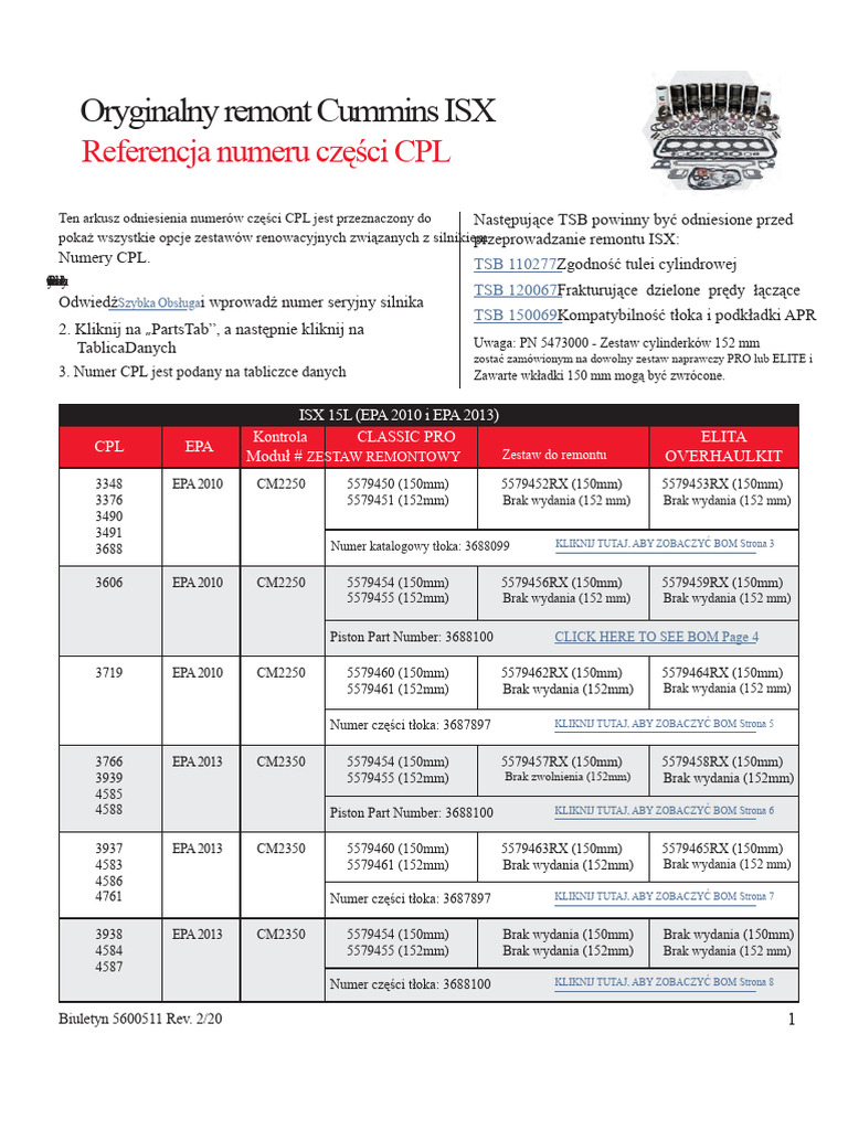 Zestaw Do Remontu Cummins Isx Dla CPL PDF | PDF