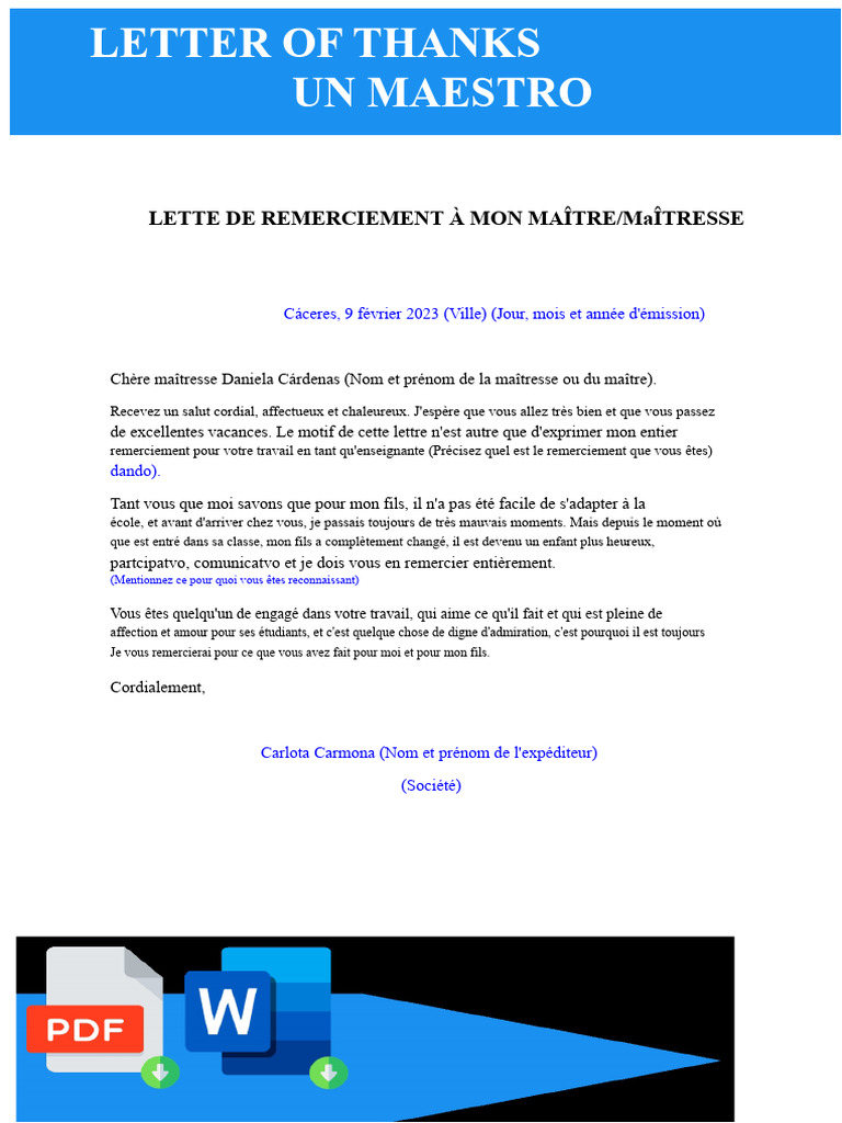 Lettre De Remerciement à Un Professeur Pdf
