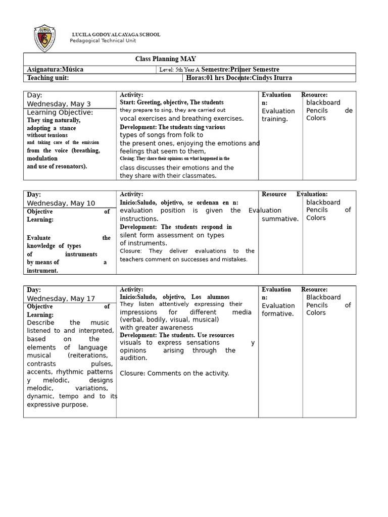 Planning May Music 5th Grade | PDF | Rhythm | Human Communication